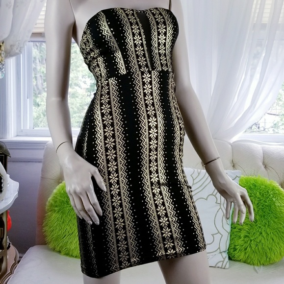 Dresses | Brand New Skin Tight Black Dress With Gold Prints | Poshmark